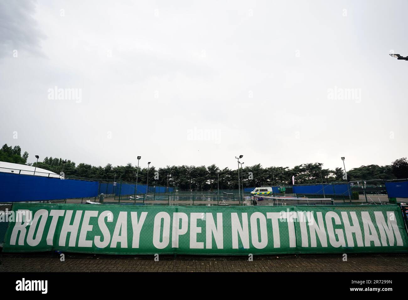A general view during a rain delay during day one of the Rothesay Open ...
