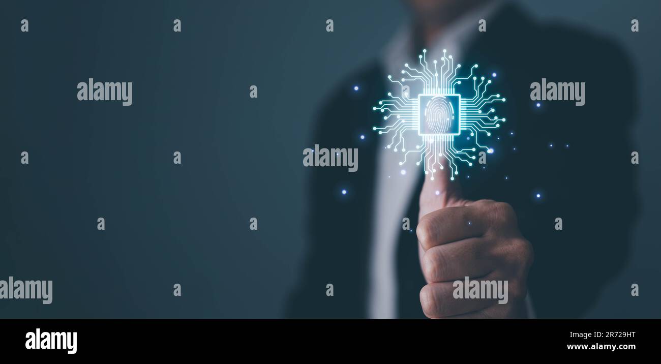 Thumbs up with virtual fingerprint to scan biometric identity and ...