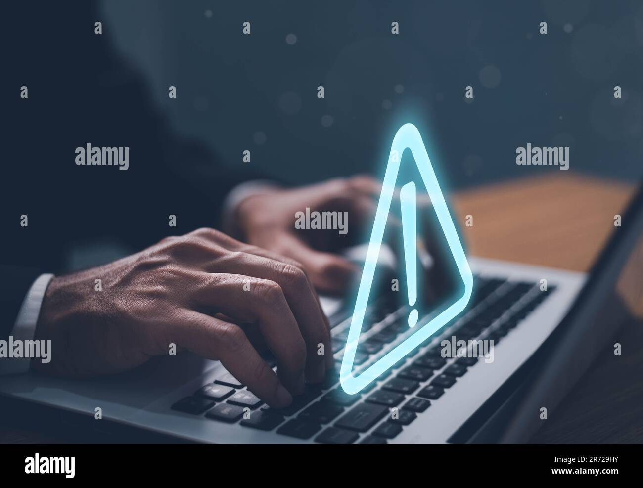 Error And Maintenance Alert Businessman Using Computer Laptop With Triangle Caution Warning