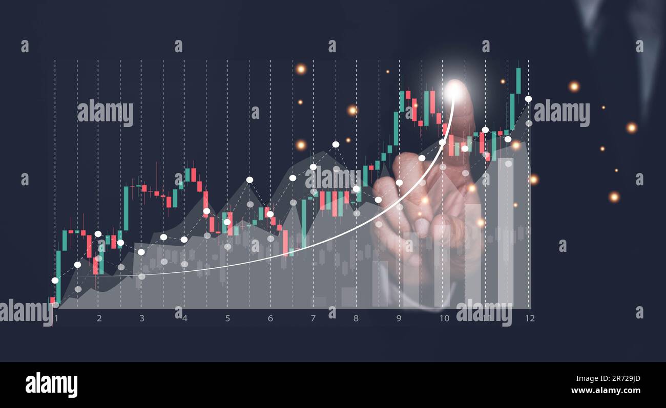 Hand touching screen with virtual increasing technical graph for trader analysis business stock ...
