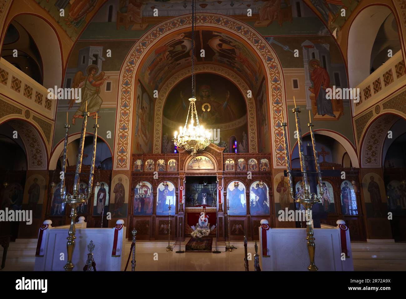 Interior view of the Metropolitan Orthodox Cathedral of Ypapanti, Firá ...