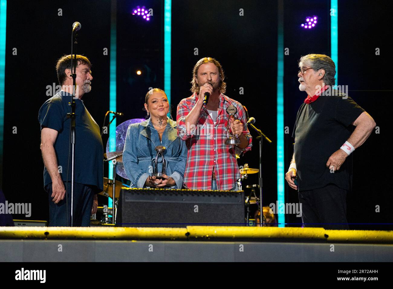Teddy Gentry, left, Elle King, Dierks Bentley, and Randy Owen are seen ...