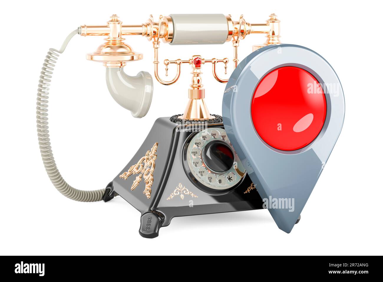 Old-fashioned phone with map pointer, 3D rendering isolated on white ...