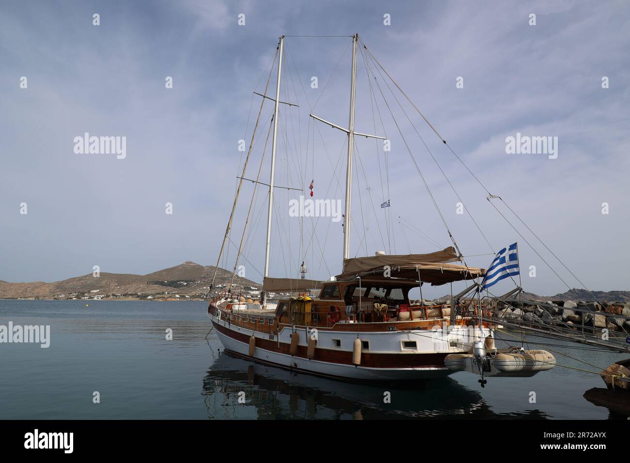 Sailing ship in the port of Naoussa on the Cyclades island of Paros ...