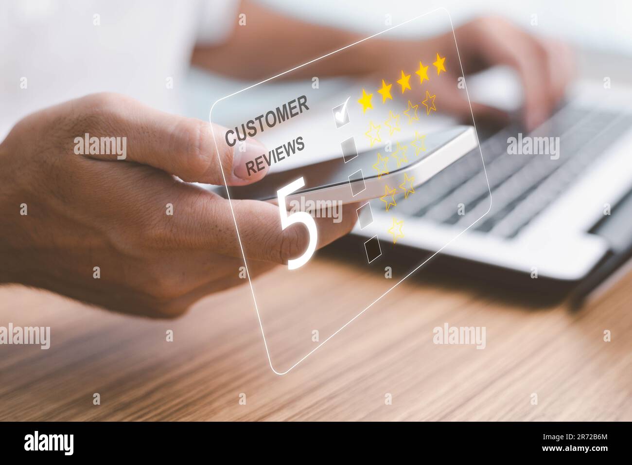 Customer or client holding the stars to complete five stars. with copy ...