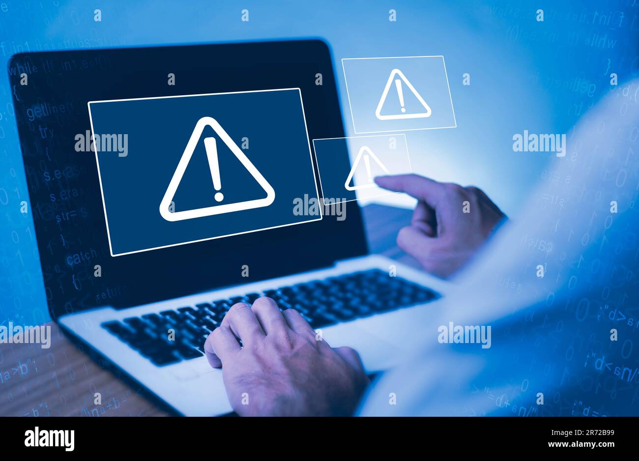 Cyber Security Concept Man Using Computer With System Hacked Alert Due To Cyber Attack On