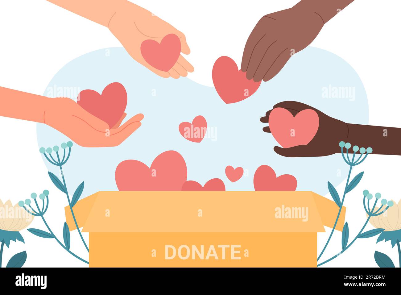 Hands donating and help. People give hearts to donation box flat vector ...