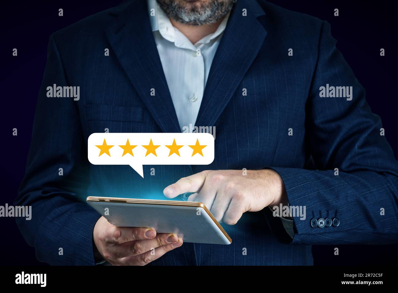 Five stars testimonial. Customer review good rating concept hand ...