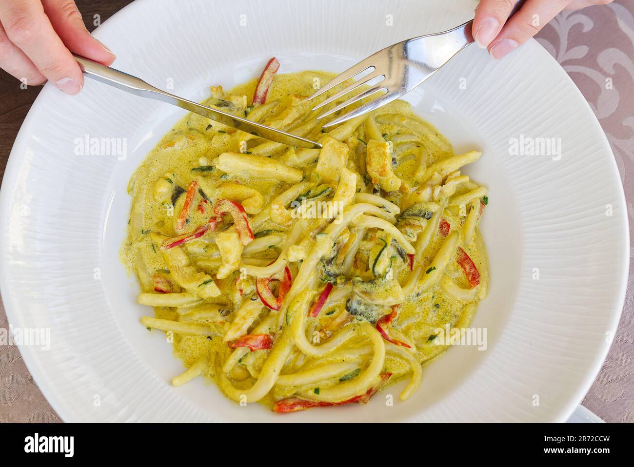 Tasty Pasta with sauce in white bowl. Flat lay. Top view. Eating in ...