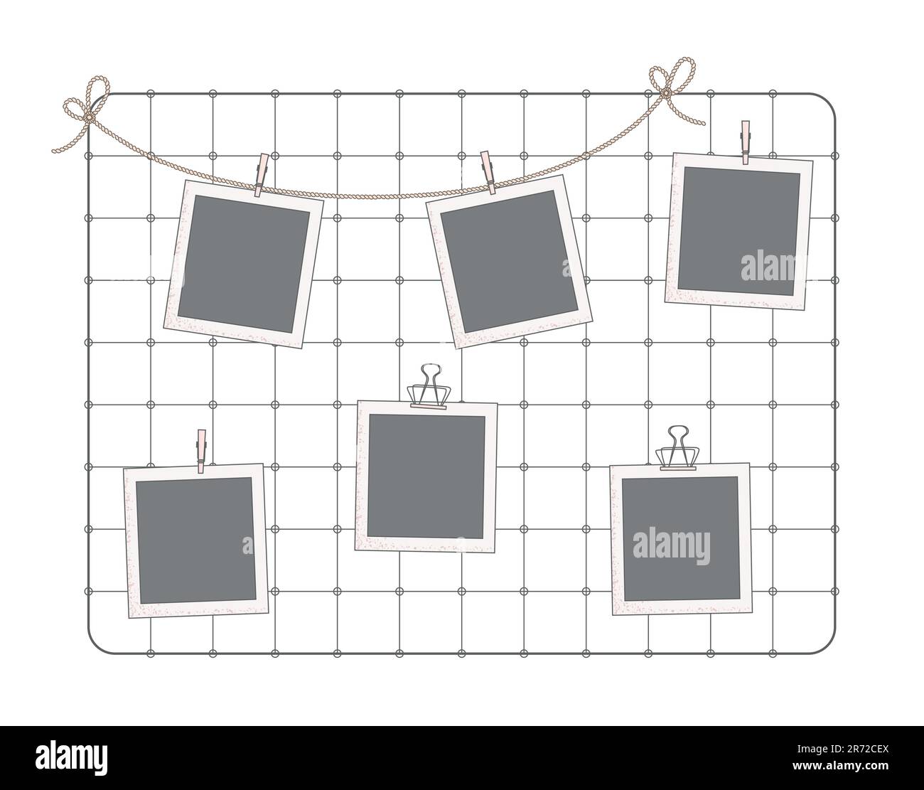 Metal wall grid empty photo template, display board. Square photo ...