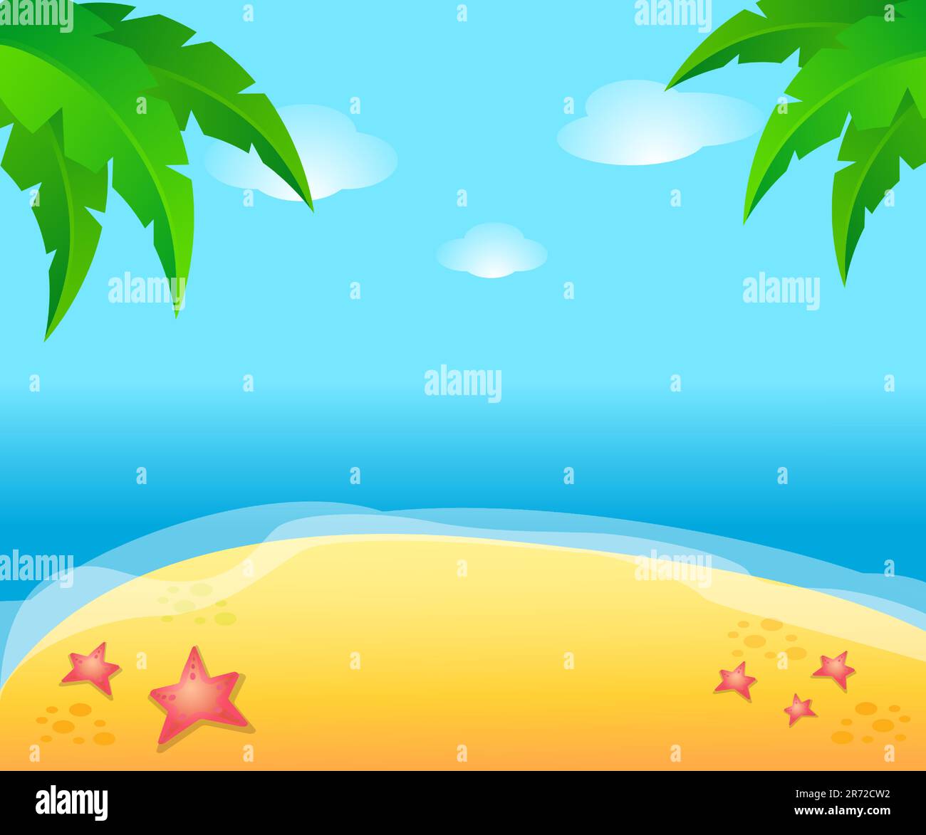 Seascape vector illustration. Paradise beach with sand and palm trees ...