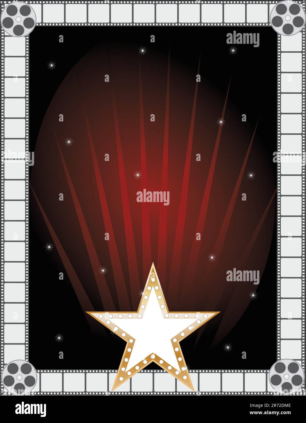 A border or frame featuring a golden star , film strips and film reels ...