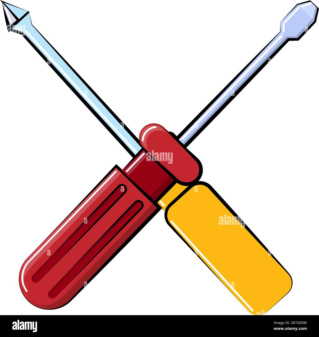 Icon made of metal construction plastic red and yellow flat and cross screwdrivers for repair, a ...