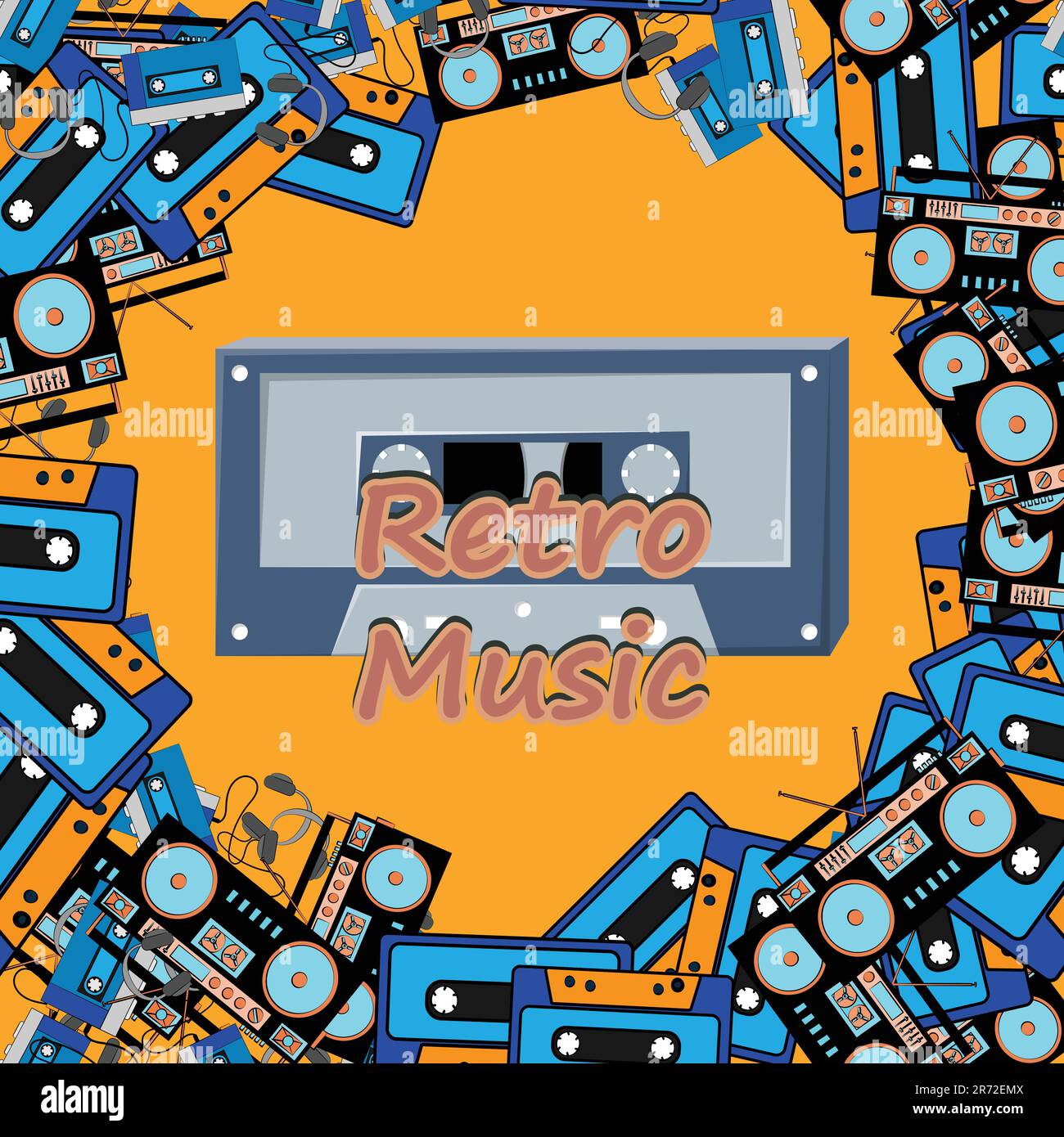 Old retro square vintage poster frame with music audio cassette for ...