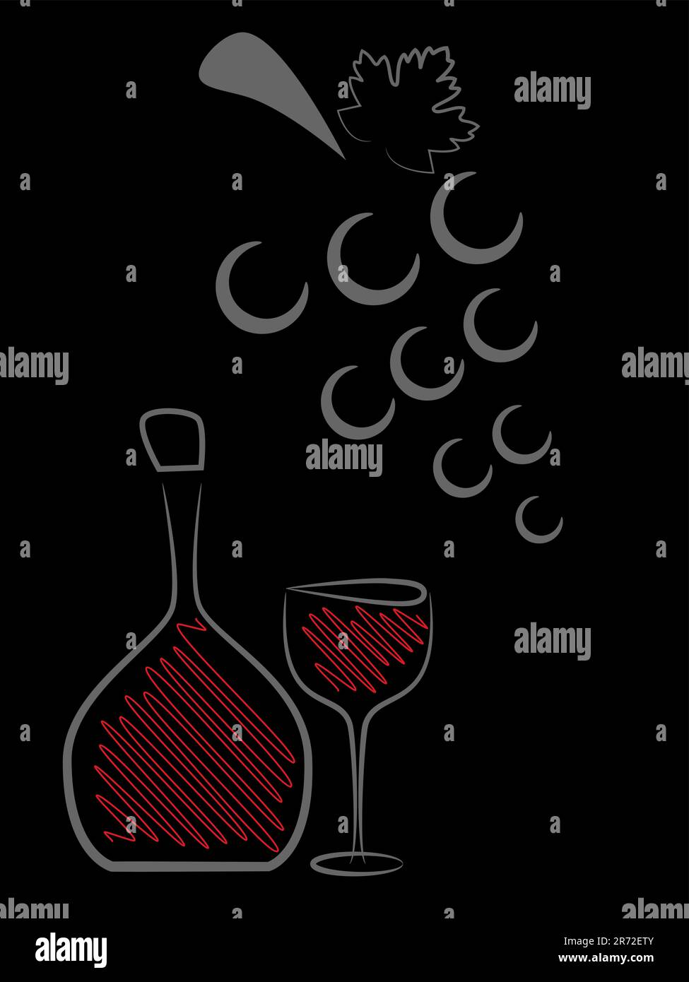 Abstract vector picture of wine bottle and glass on black background ...