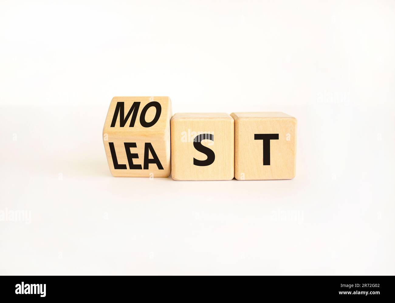 Most or least symbol. Businessman turns wooden cubes and changes the ...