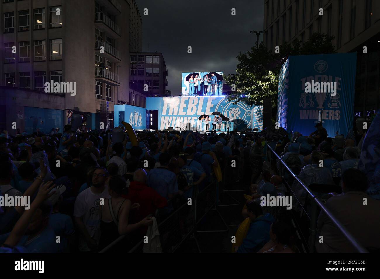 The stage is set and lit up during Manchester City's Treble victory ...