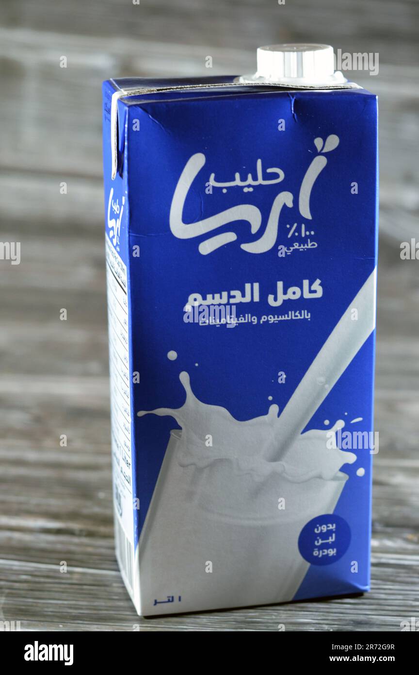 Cairo, Egypt, June 5 2023: Aria full cream fresh cow's milk carton ...