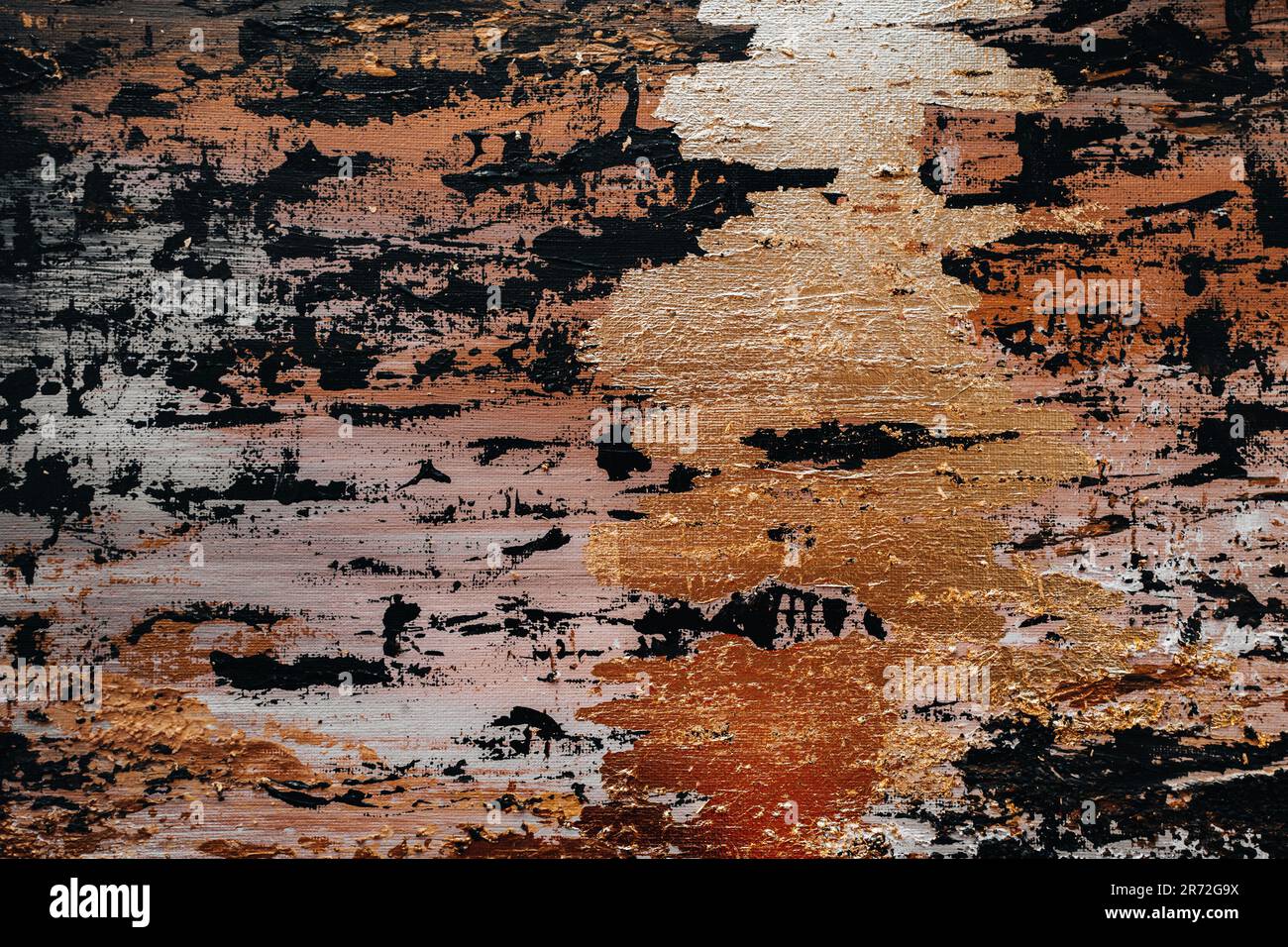 Abstract wall painting with black oil strokes and glow shine gold ...