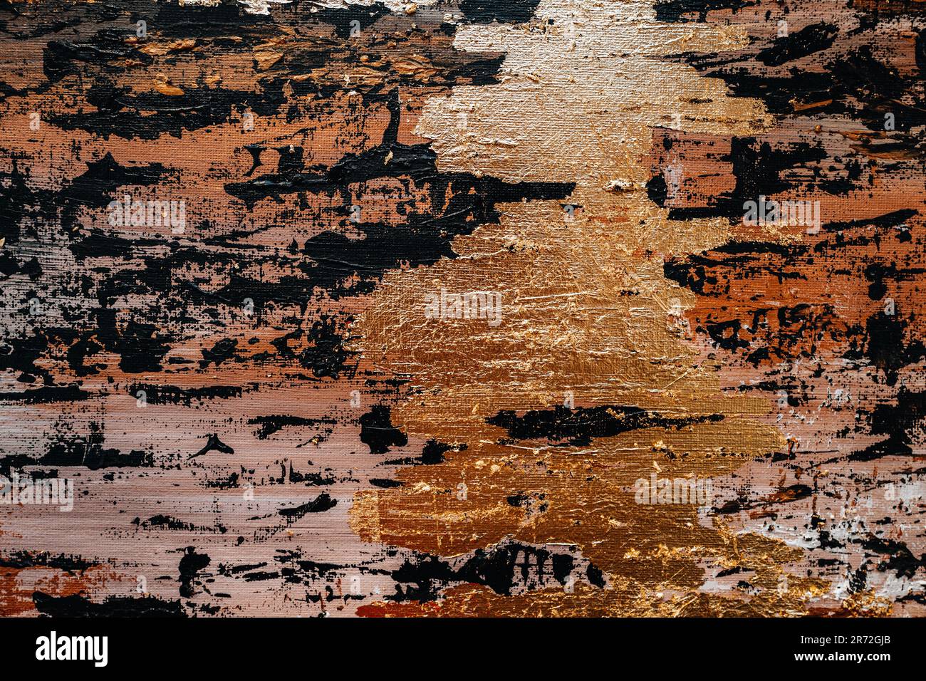 Abstract wall painting with black oil strokes and glow shine gold ...
