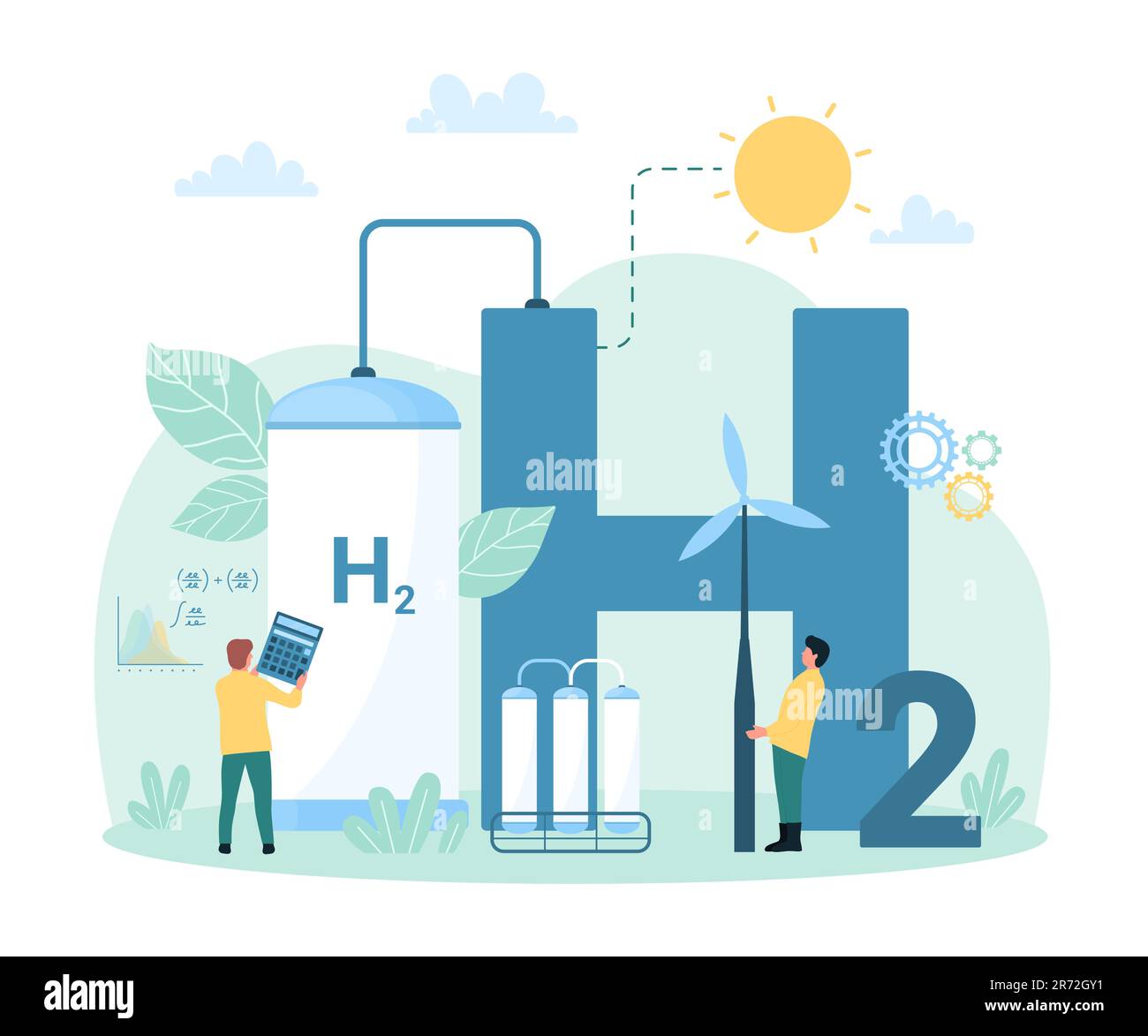 Green hydrogen production in H2 fuel plant, infographic vector illustration. Cartoon tiny people ...