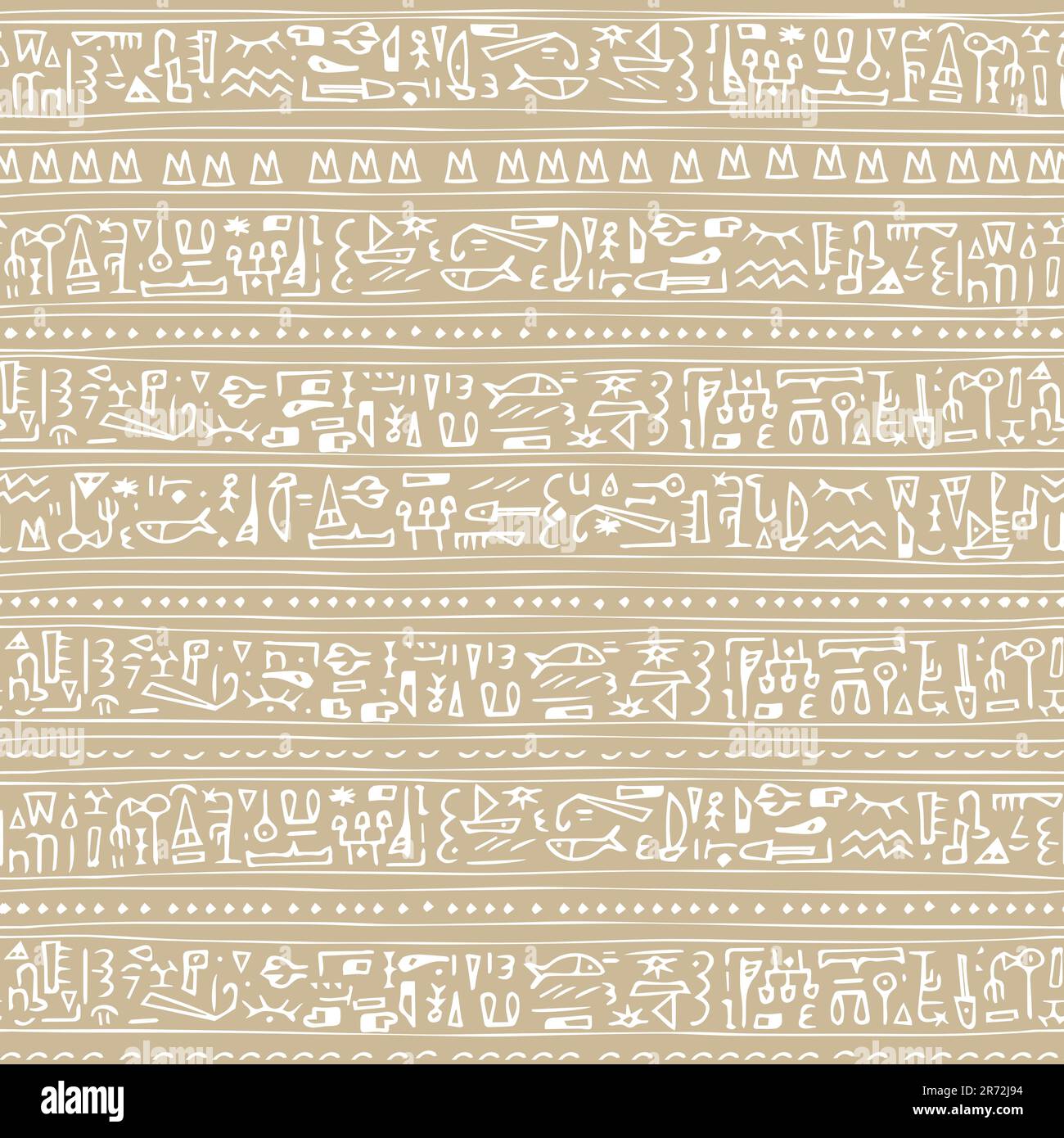 Beige white line hand drawn Boho vector seamless pattern border ...
