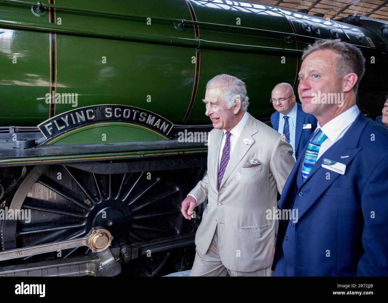 King Charles III, arrives by royal train, pulled by the Flying Scotsman, at Pickering Heritage ...