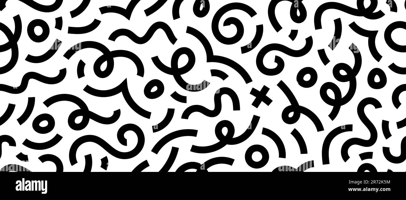 Abstract doodle squiggly lines seamless pattern. Black and white childish scribble repeating ...
