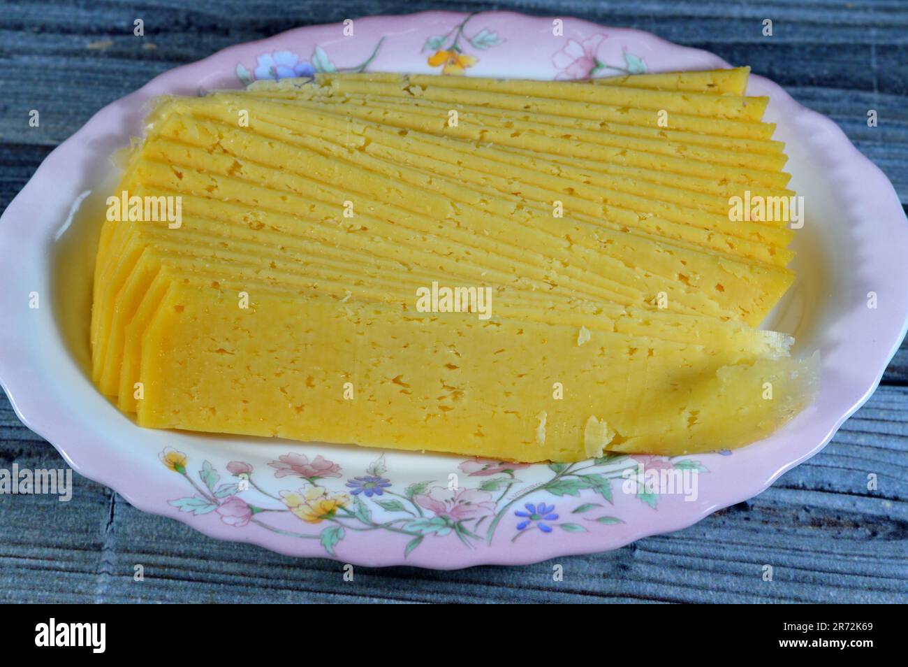 Slices of Egyptian Rumi cheese, also called gebna romiya or gebna ...