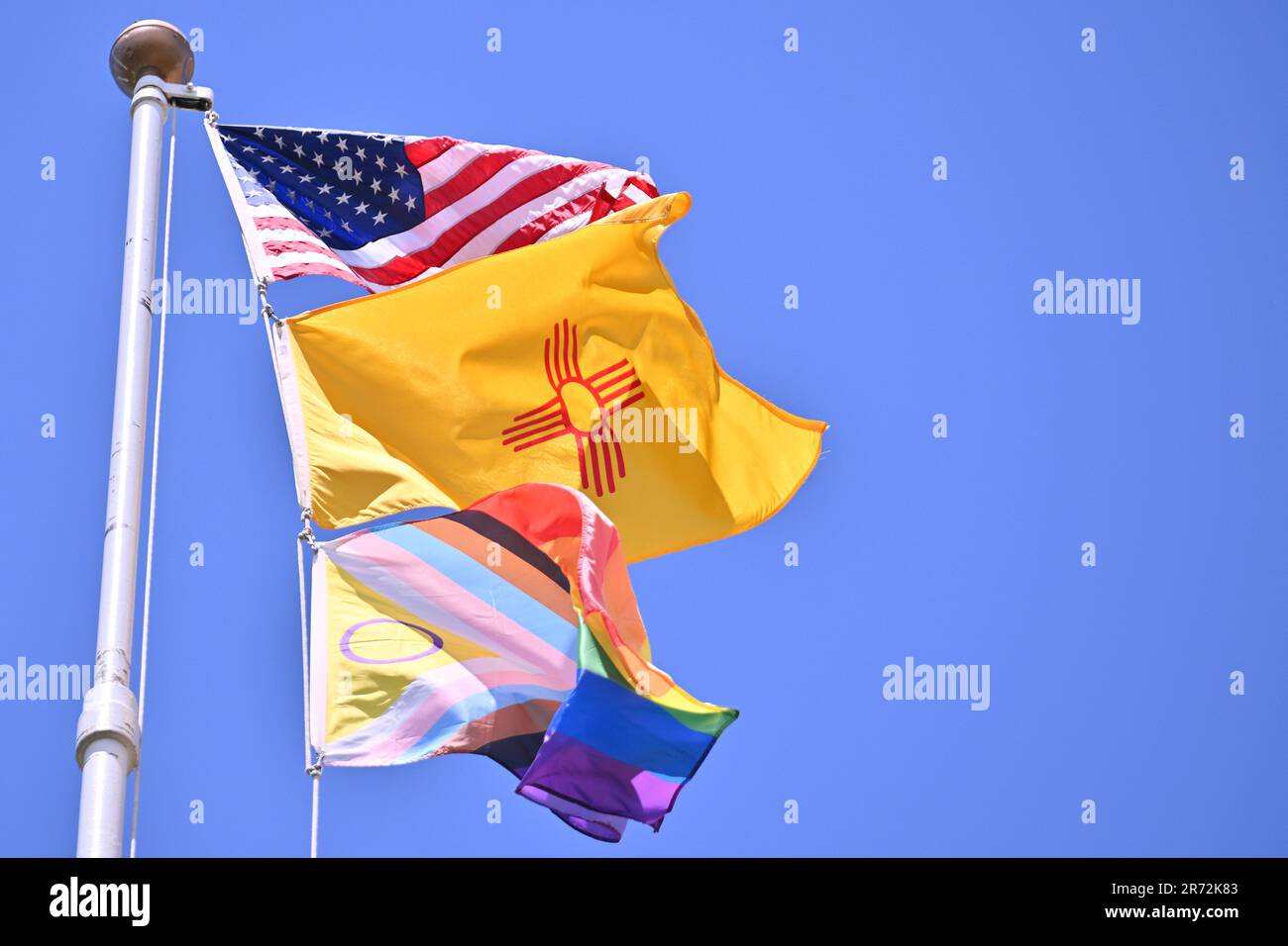 Santa Fe, United States. 12th June, 2023. A Pride flag is flown below ...