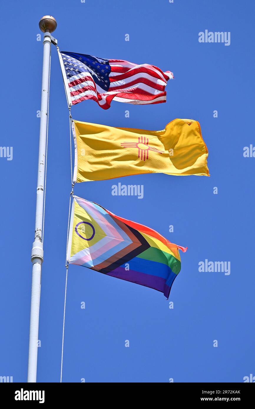 Santa Fe, United States. 12th June, 2023. A Pride flag is flown below ...