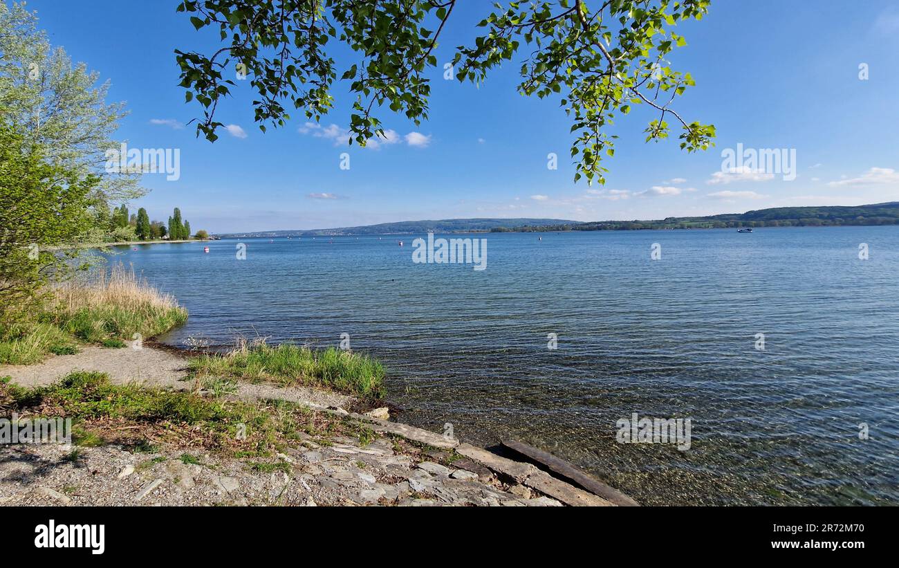 Summer vacation on beautiful Lake Constance with blue sky and sunshine ...