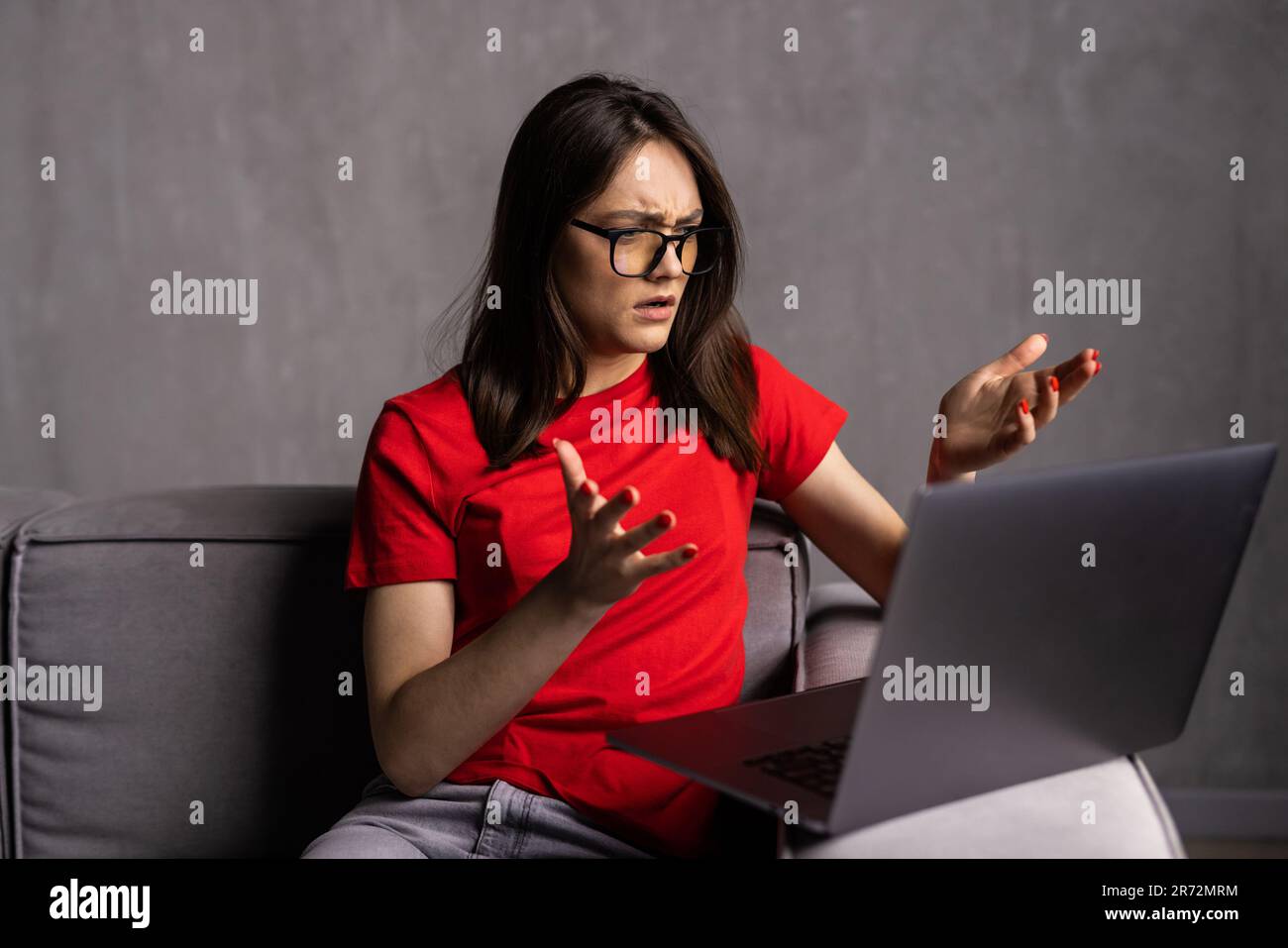 Stressed upset shocked girl worried about problem, negative message ...