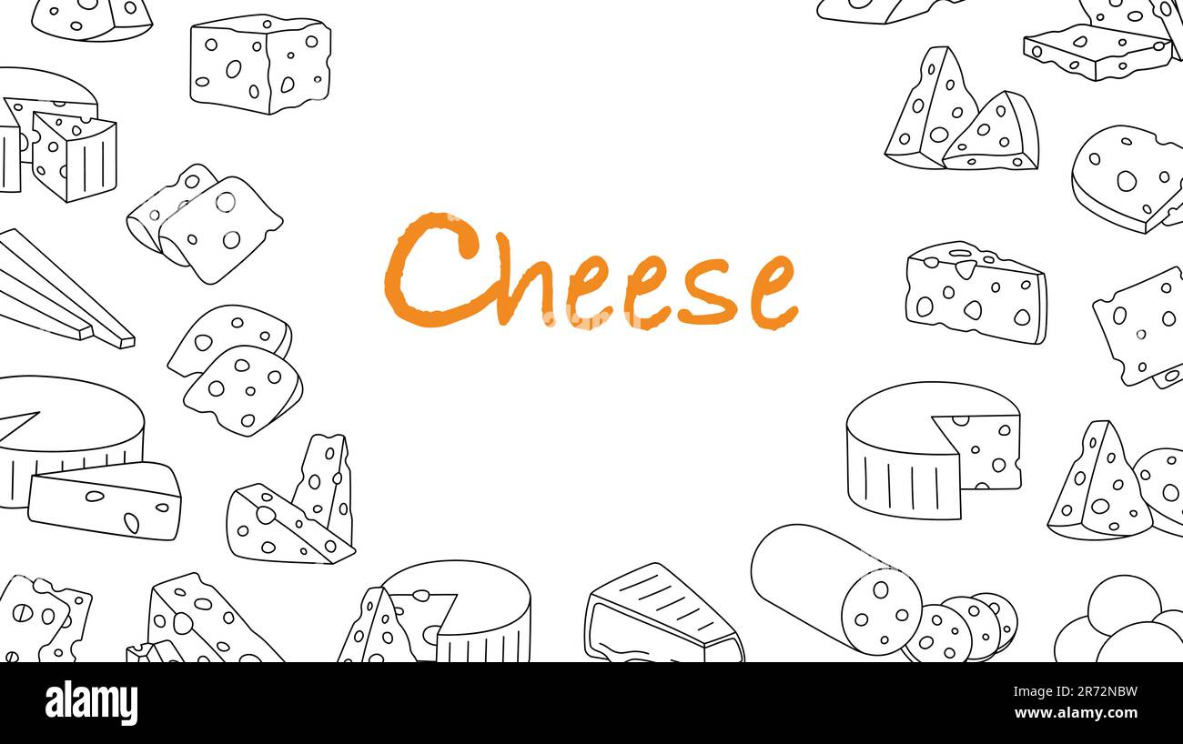 Cheese products outline banner. Cheese pieces and slices. Cheddar ...
