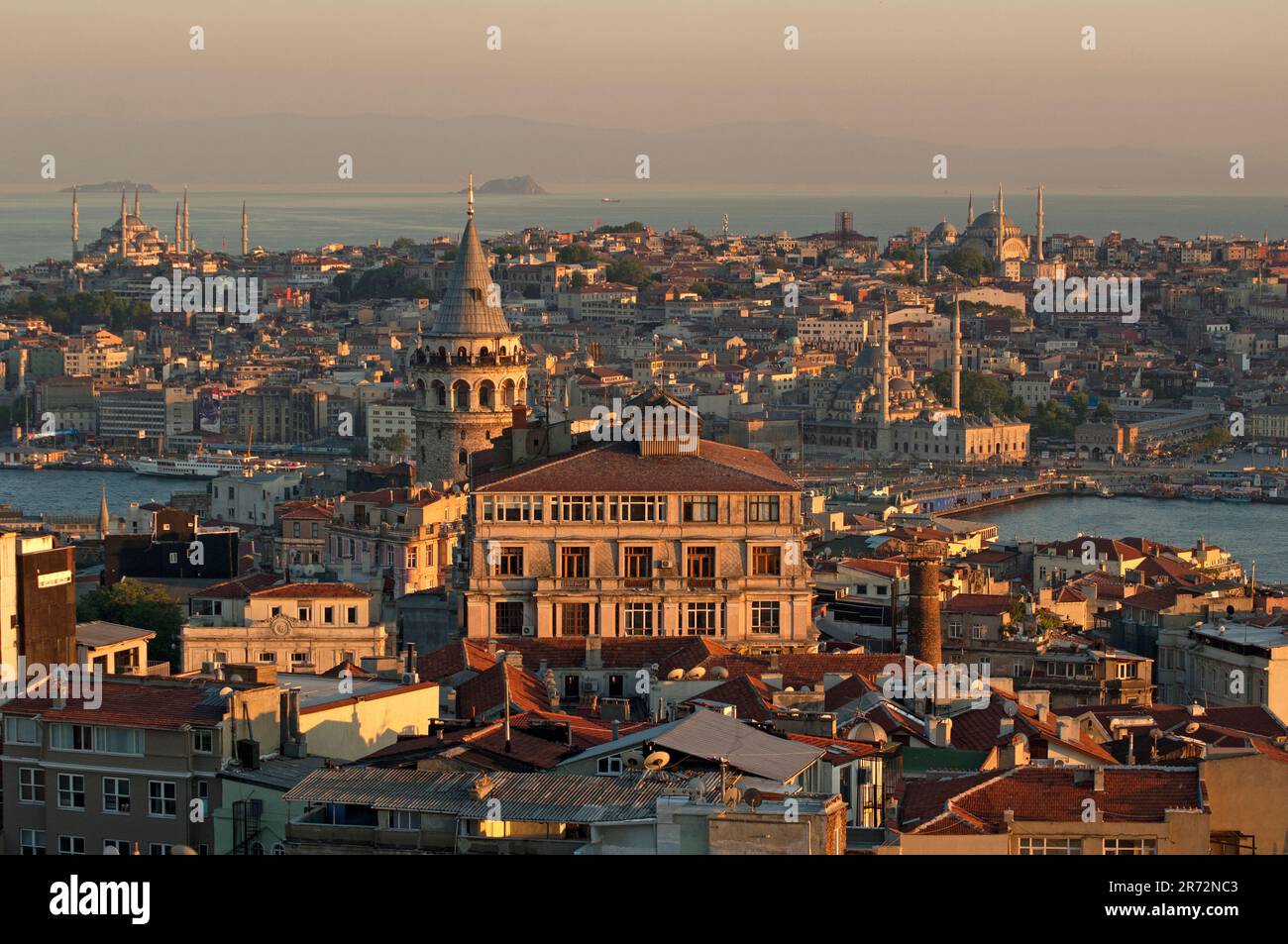 Rooftop view of Galata Tower and the Blue Mosque and Hagia Sophia in ...
