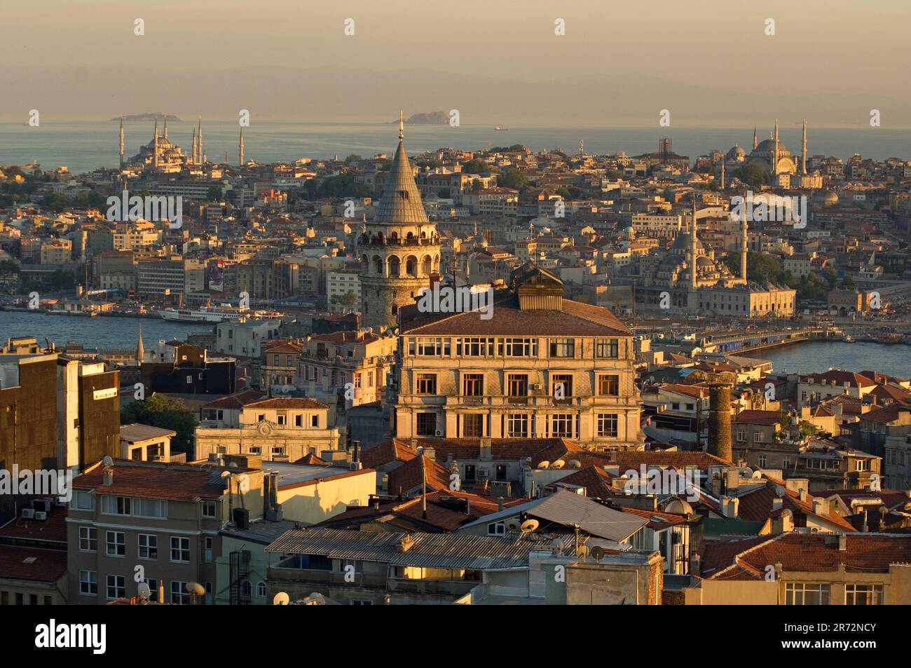 Rooftop view of Galata Tower and the Blue Mosque and Hagia Sophia in ...
