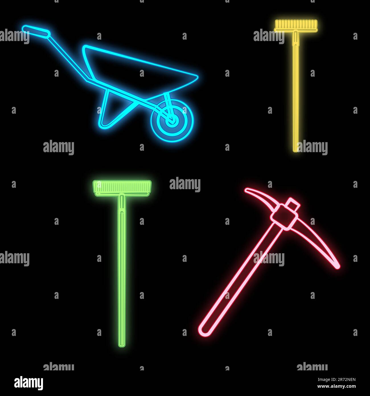 Set of bright glowing multicolored construction industrial neon signs ...