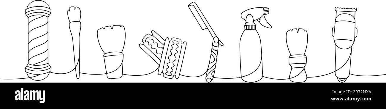 Hairdresser tools one line continuous drawing. Barber shop pole, makeup ...