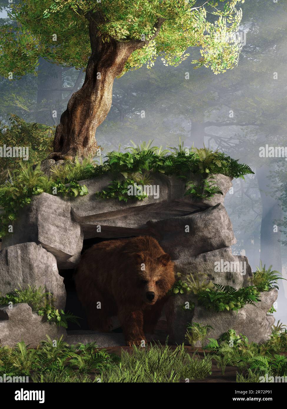 A brown bear emerges from its den, a rocky cave. This grizzly looks ...