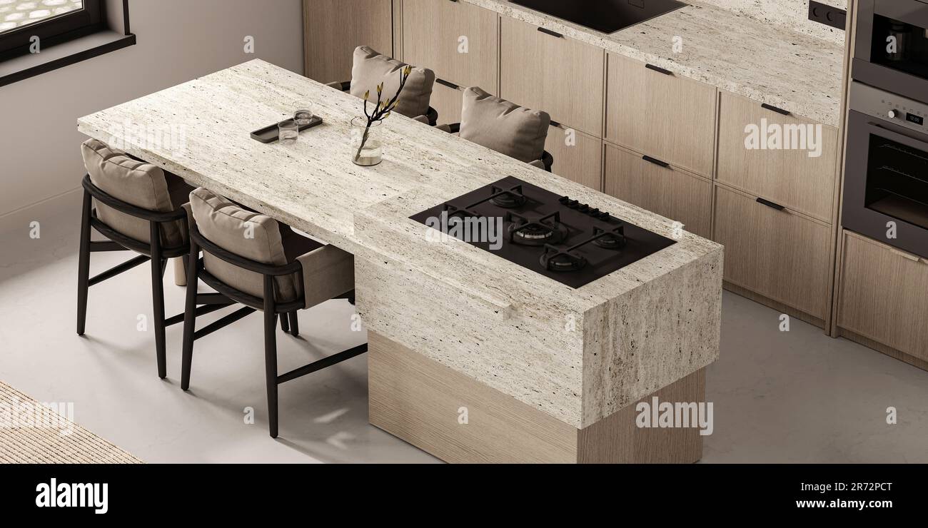 Elegant chic bohemian kitchen interior with natural materials. Wooden ...