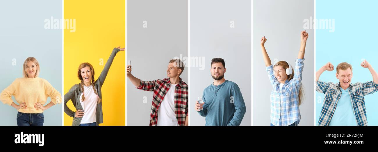 Collage of happy young people on light and color backgrounds Stock ...