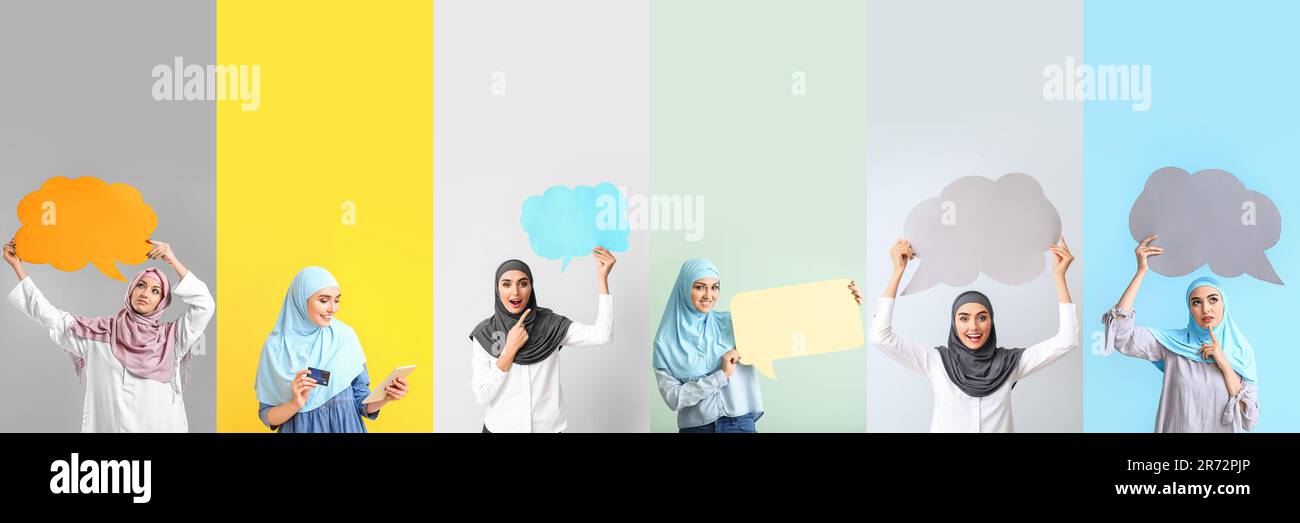 Collage of Muslim woman on light and color backgrounds Stock Photo - Alamy