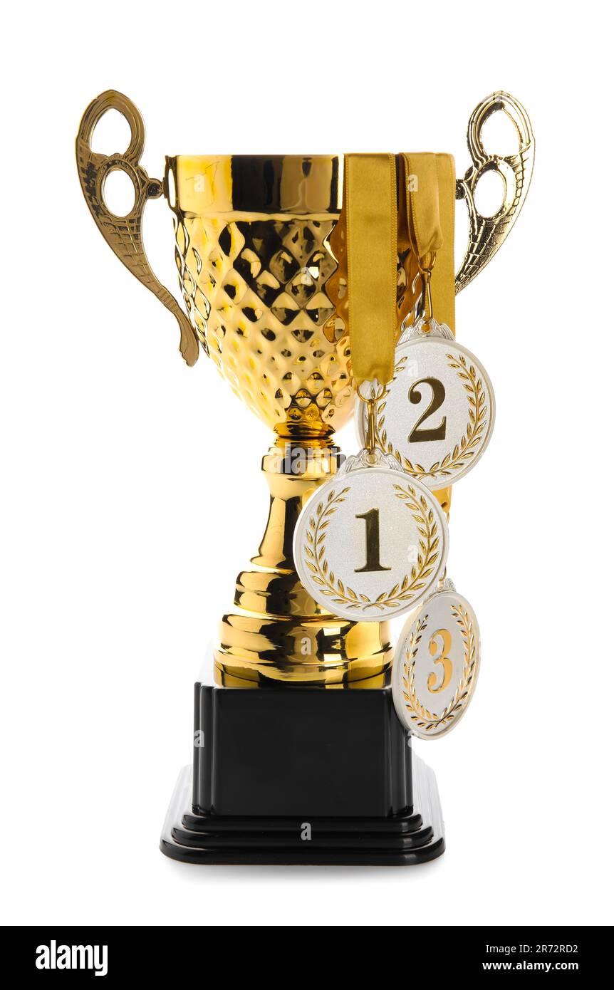 Gold cup with prize medals on white background Stock Photo - Alamy