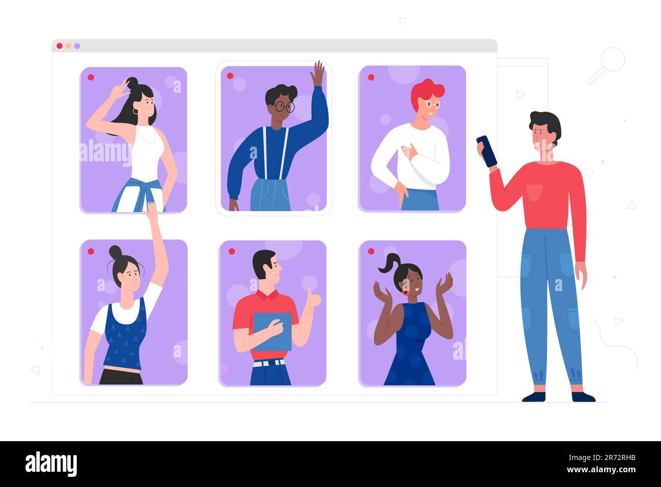 Cartoon flat man woman group of characters communicate together, using ...