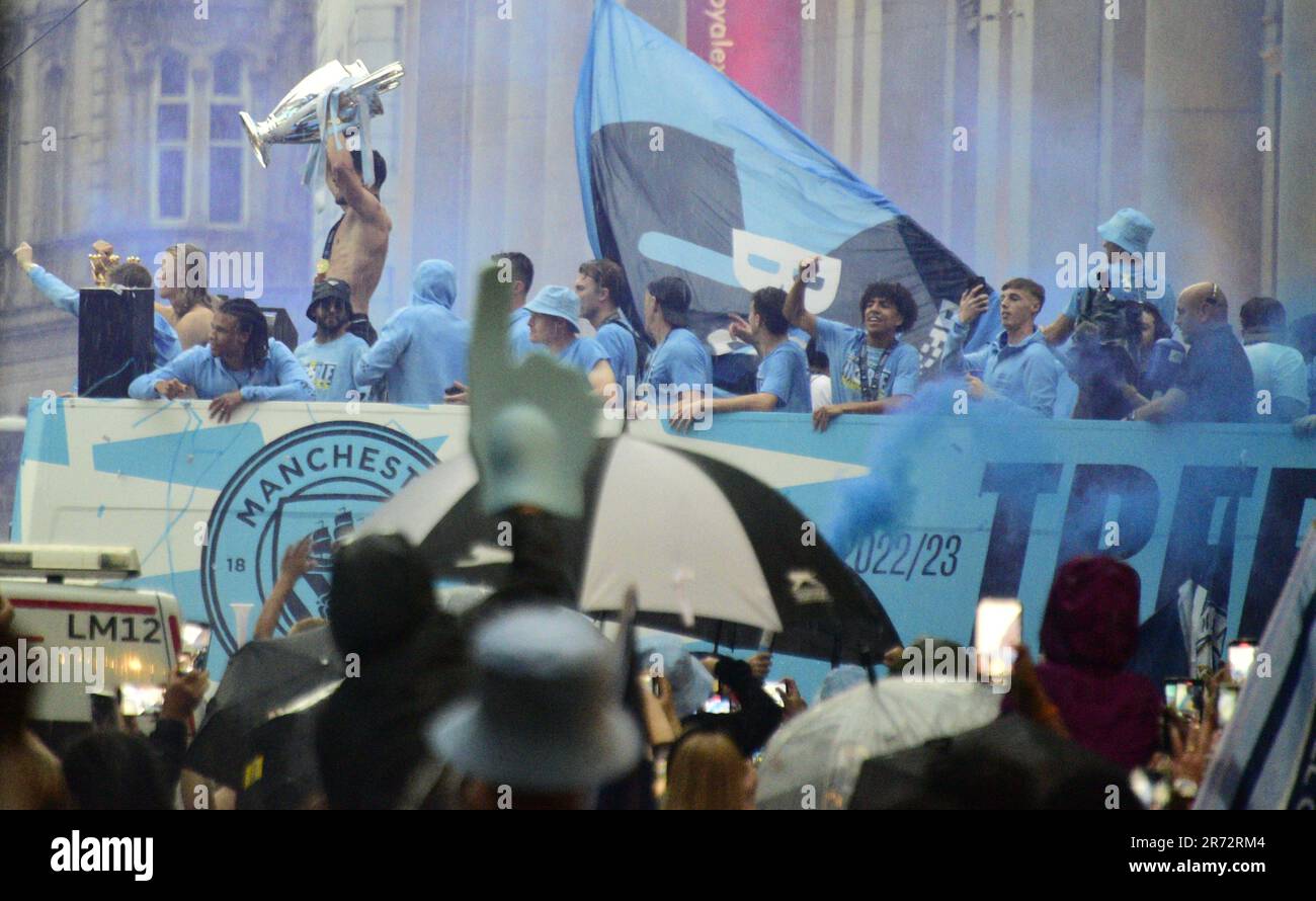 Manchester, UK. 12th June, 2023. Man City player Ruben Dias holds the ...