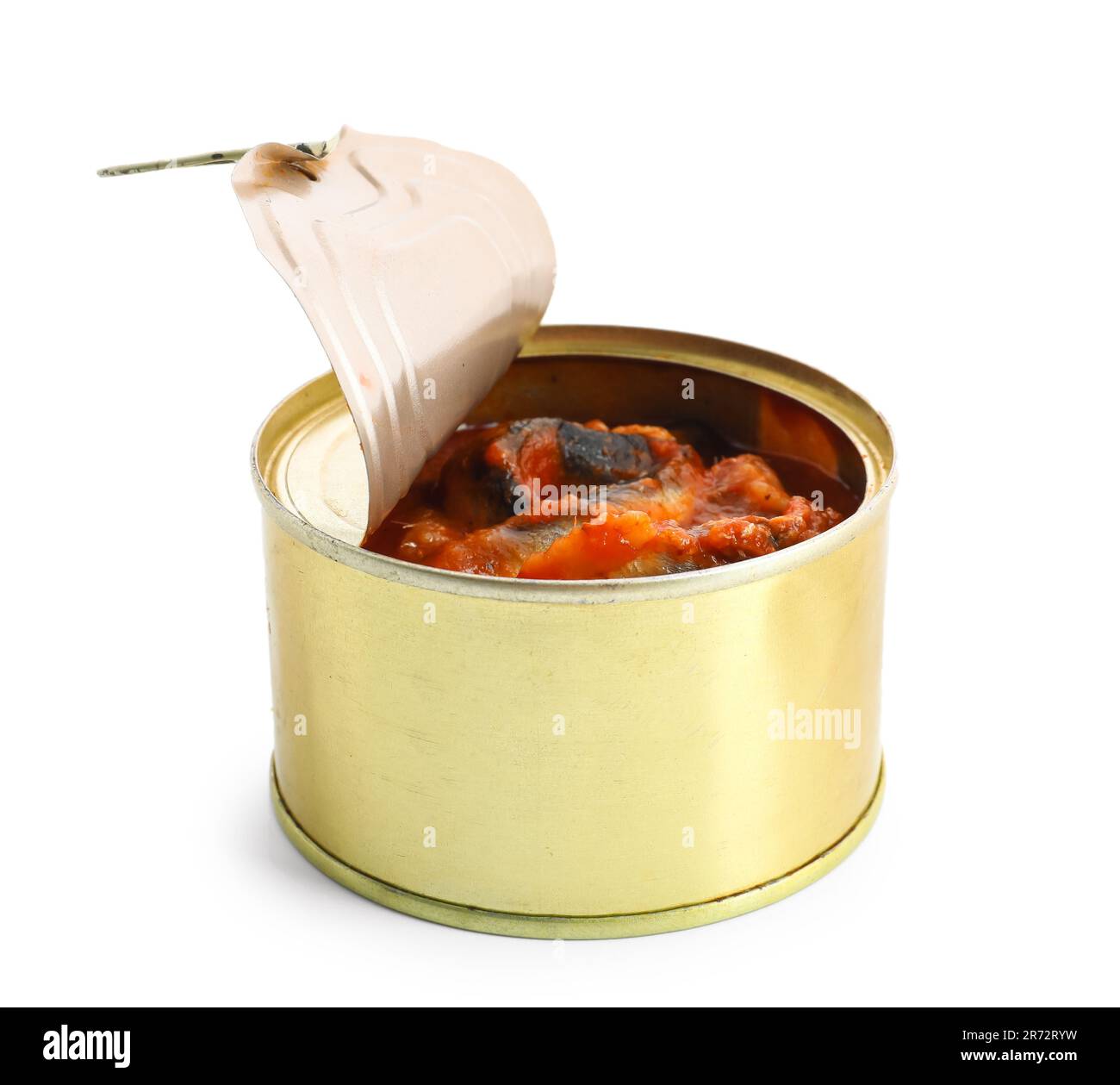 Opened tin can with fish in tomato sauce isolated on white background ...