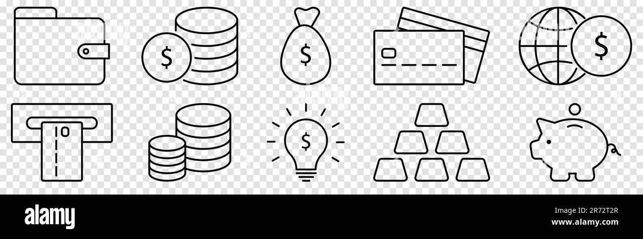 Set of money related icons. Wallet, coin, credit card, piggy bank and ...
