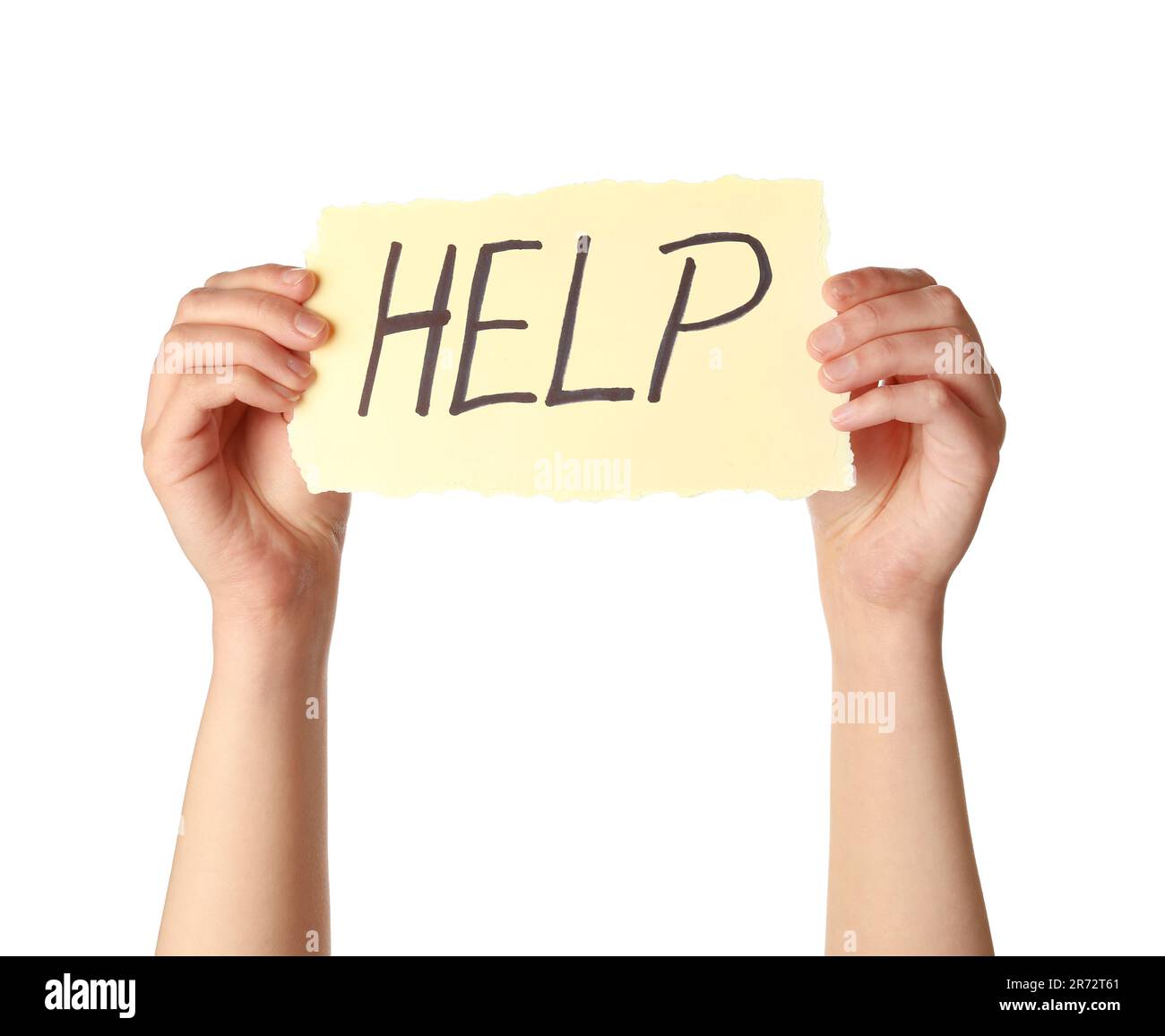 Woman holding paper with word HELP on white background. Domestic ...