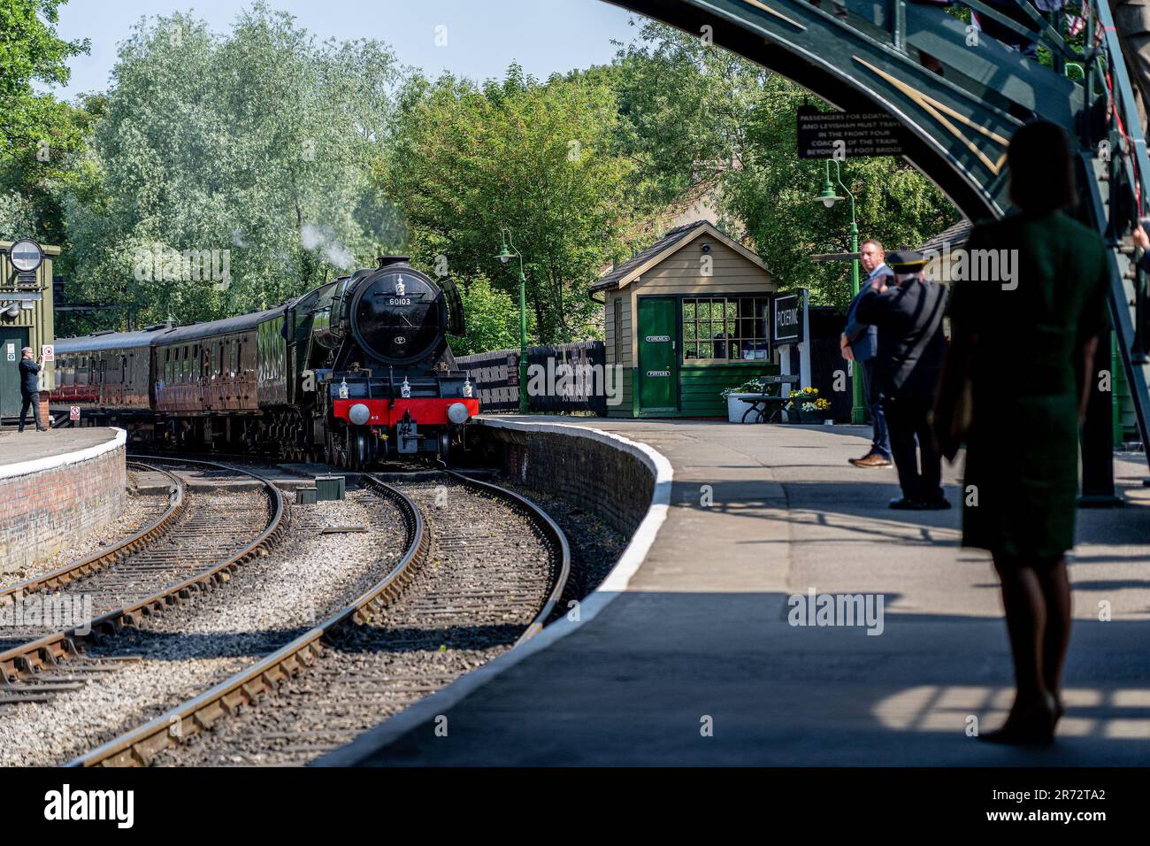 The Royal train pulled by the Flying Scotsman, in celebration of its 100th anniversary, as King ...