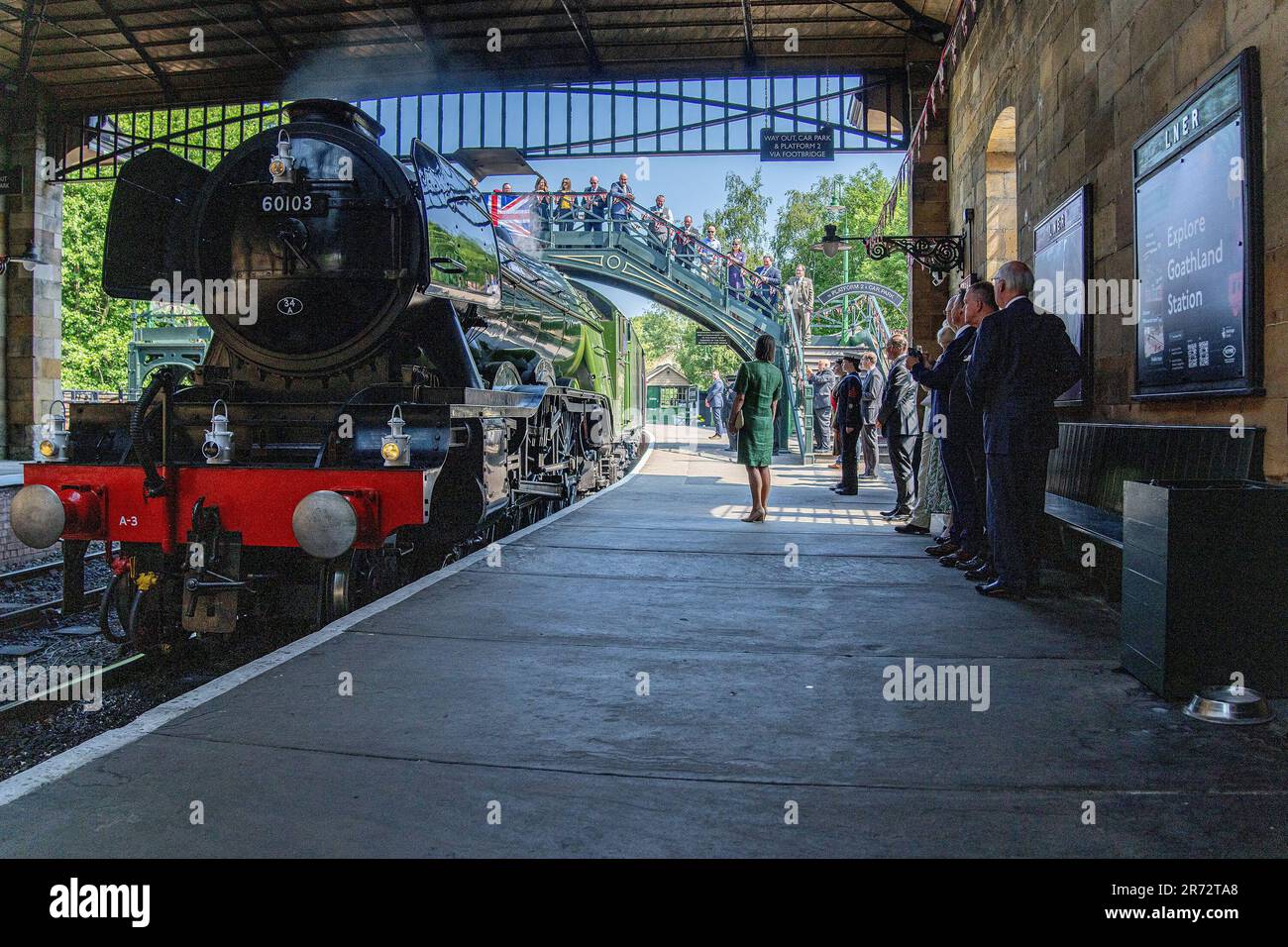 The Royal train pulled by the Flying Scotsman, in celebration of its 100th anniversary, as King ...